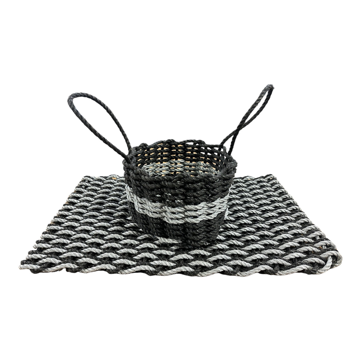 Black & Silver Double Weave Rope Mat with Black & Silver 3 Stripe Bask ...