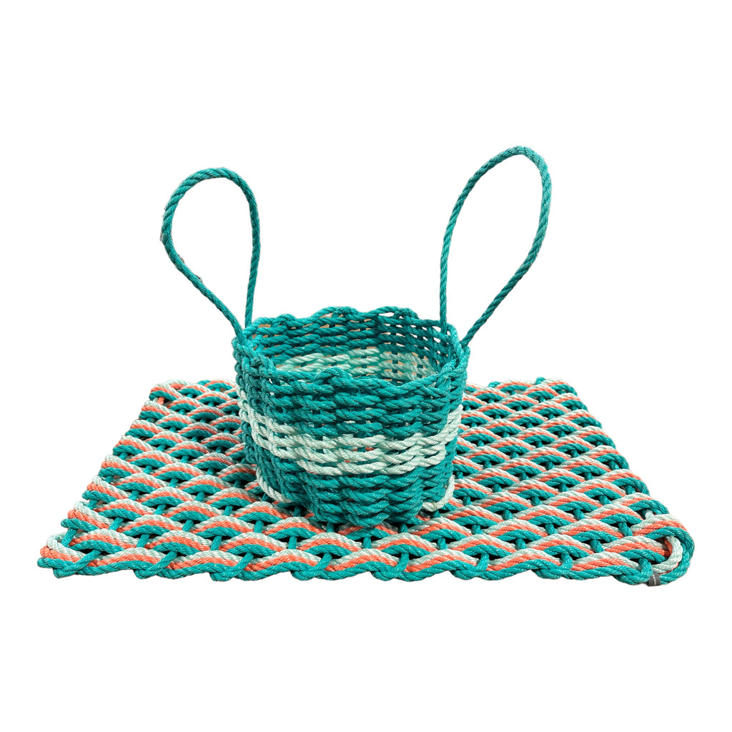 Teal, Orange, & Seafoam Triple Weave Rope Mat with Teal & Seafoam 3 St ...