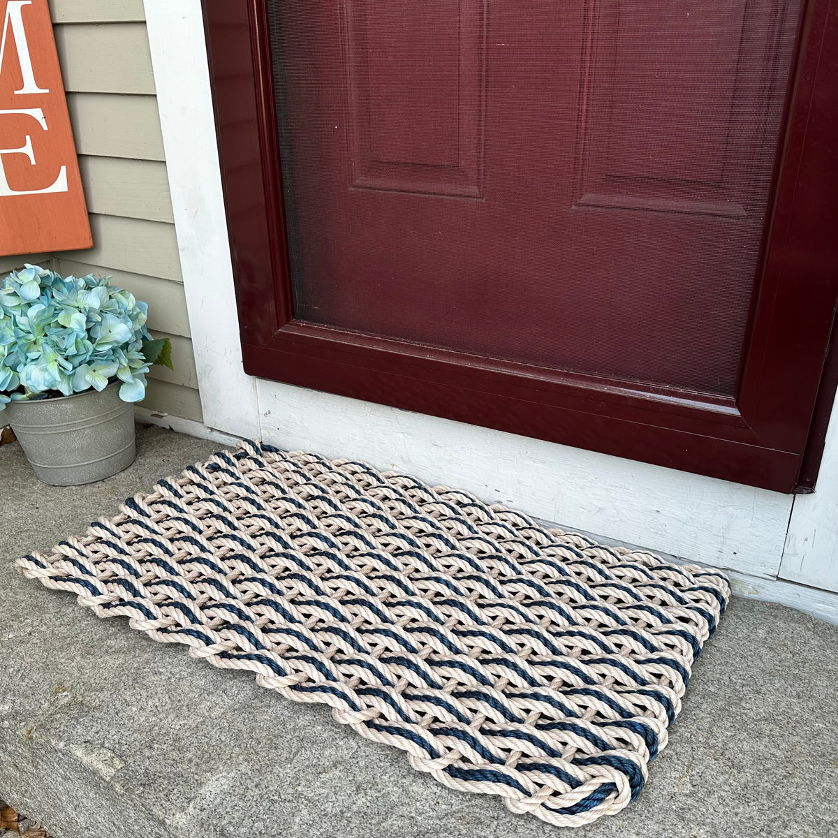 Triple Weave - Light Tan with Navy Rope Mat – Maine Rope Mats