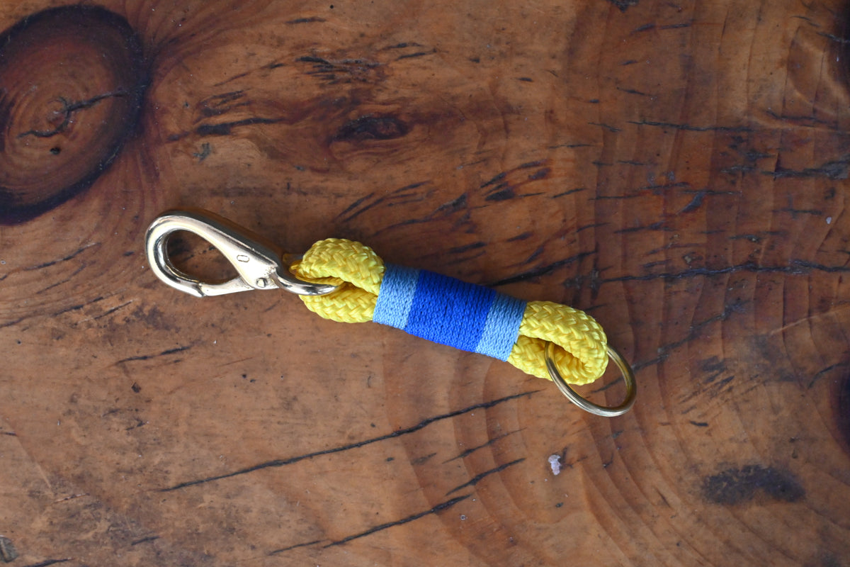 Yellow Key Chain with Light Blue & Pacific Blue Whipping – Maine Rope Mats