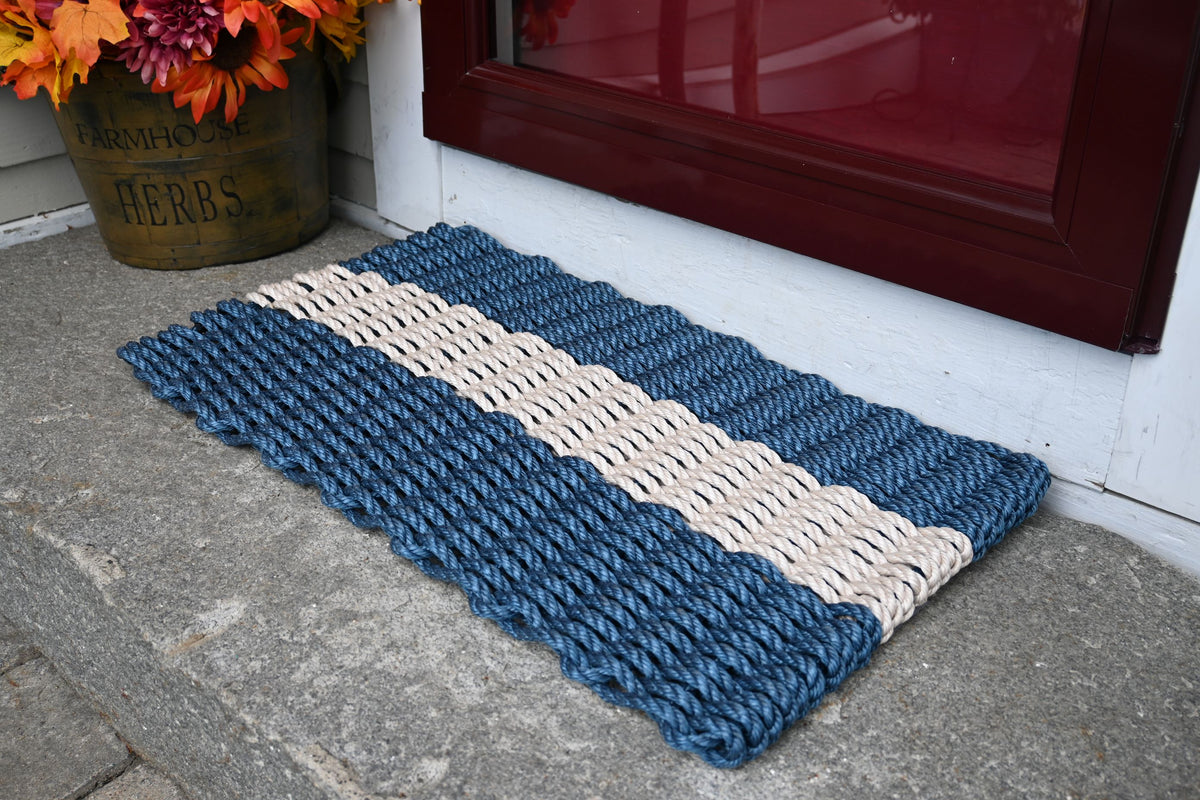 Three Stripe Rope Mat - Navy, Light Tan – Maine Rope Mats