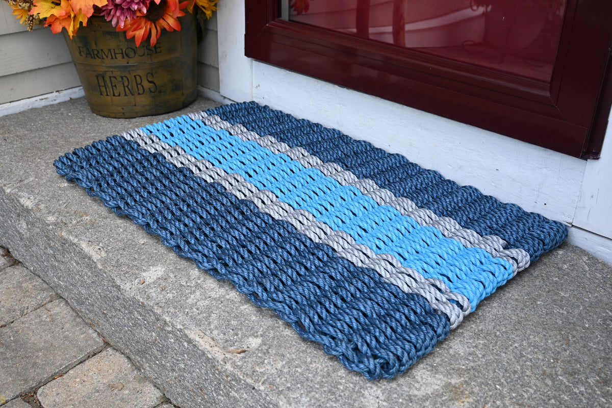 Five Stripe Rope Mat - Navy, Silver, Light Blue – Maine Rope Mats