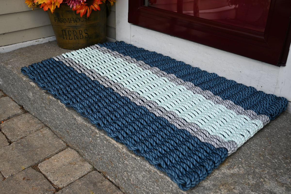 Five Stripe Rope Mat - Navy, Silver, Seafoam – Maine Rope Mats