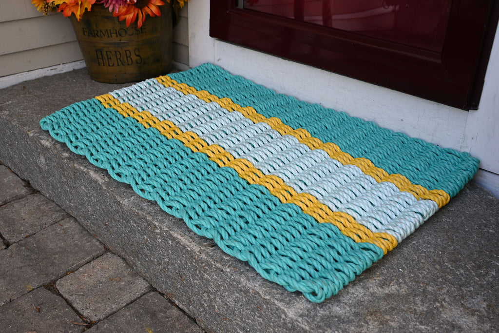 Five Stripe Rope Mat - Teal, Yellow, Seafoam – Maine Rope Mats
